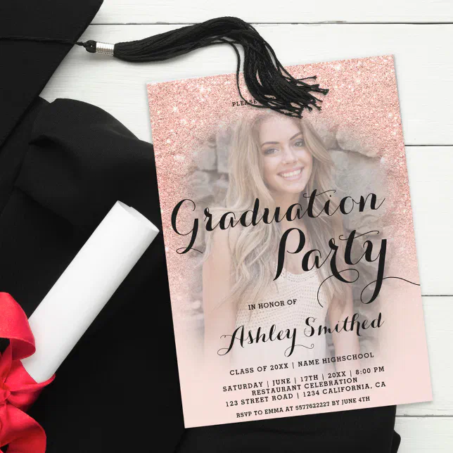 Modern rose gold glitter ombre photo graduation invitation | Zazzle