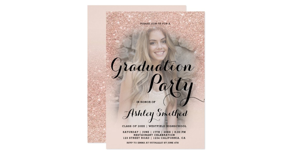 Modern rose gold glitter ombre photo graduation invitation | Zazzle.com
