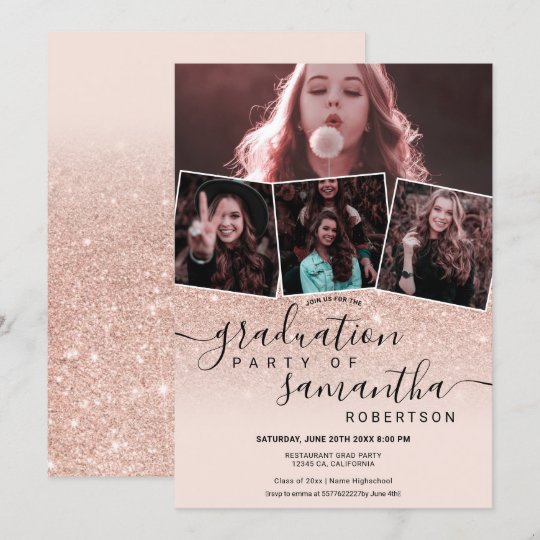 Modern rose gold glitter script 4 photo graduation invitation | Zazzle.com