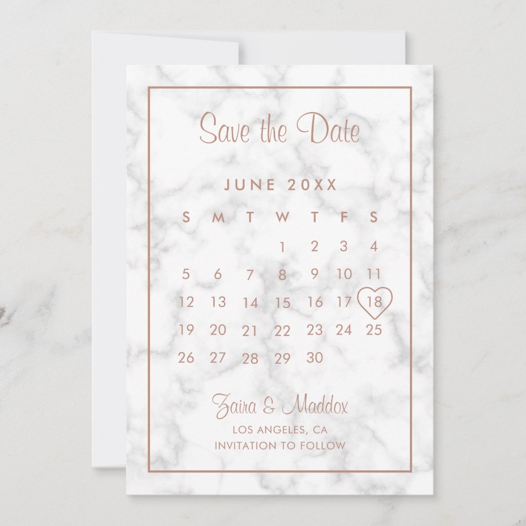 Modern Rose Gold Marble Calendar Wedding Save The Date | Zazzle
