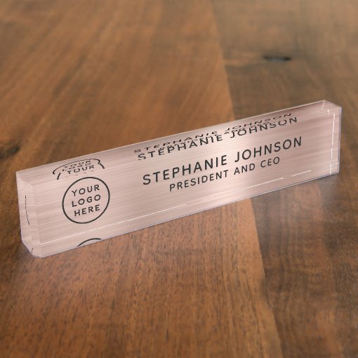 Modern Rose Gold Metallic Logo Boss Lady CEO Desk Name Plate | Zazzle