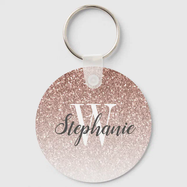 Modern Rose Gold Ombre Faux Glitter Monogram Keychain | Zazzle
