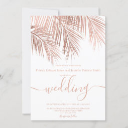 Modern rose gold palm tree elegant script wedding invitation | Zazzle