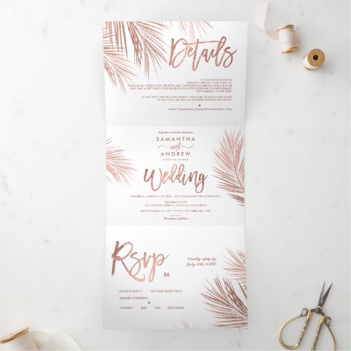Modern rose gold palm tree elegant wedding Tri-Fold invitation | Zazzle