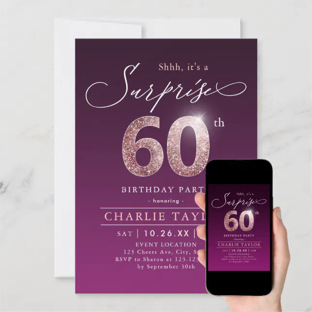 Modern rose gold purple surprise 60th birthday inv invitation | Zazzle