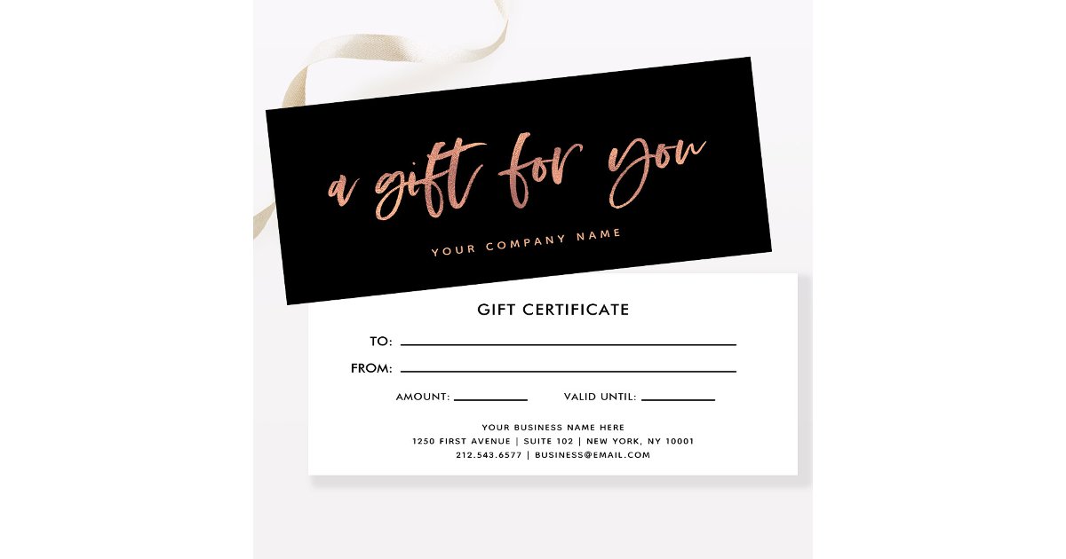 Modern Rose Gold Script | Black Gift Certificate | Zazzle