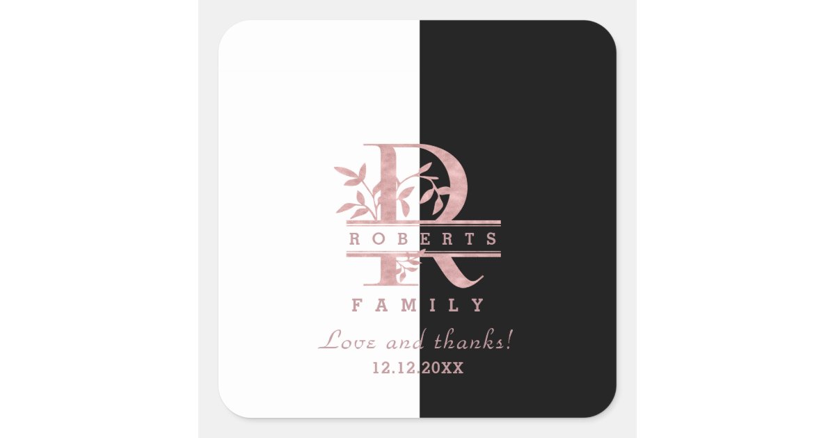 Modern Rose Gold Split Custom Monogram R Square Sticker | Zazzle