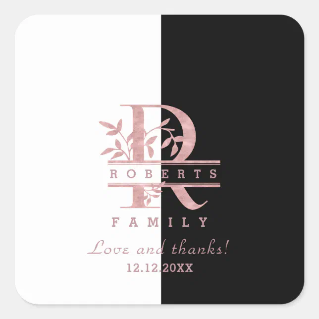Modern Rose Gold Split Custom Monogram R Square Sticker | Zazzle