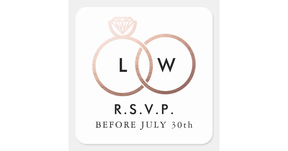 Modern Rose Gold Wedding Rings RSVP Reply Square Sticker | Zazzle