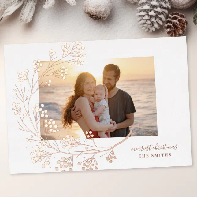 Modern ROSE Gold Winter Merry Christmas Photo Foil Holiday Card | Zazzle