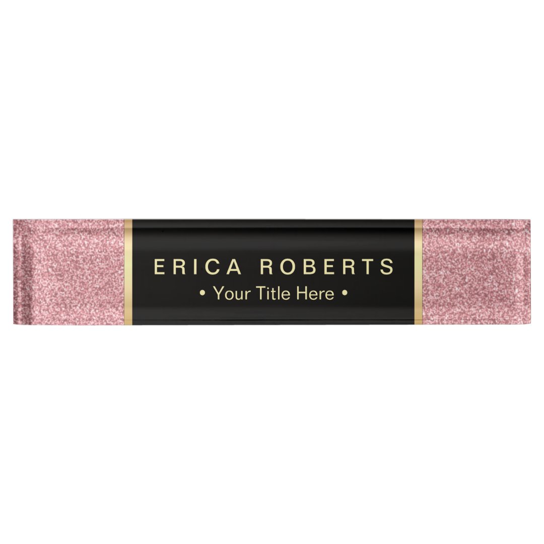 Modern Rose Pink Glitter Elegant Black Label Desk Name Plate | Zazzle