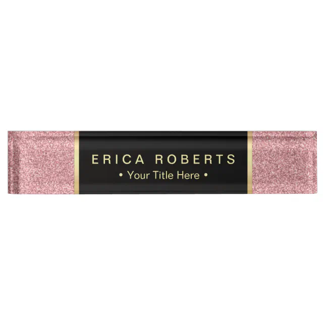 Modern Rose Pink Glitter Elegant Black Label Desk Name Plate | Zazzle