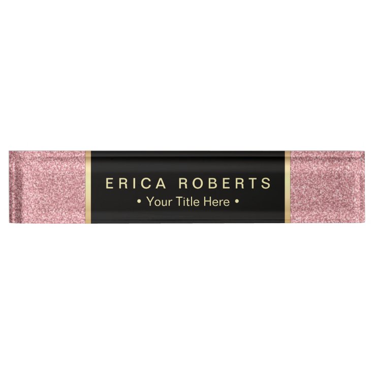 Modern Rose Pink Glitter Elegant Black Label Desk Name Plate | Zazzle