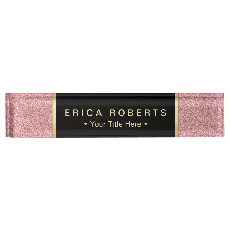 Modern Rose Pink Glitter Elegant Black Label Desk Name Plate | Zazzle