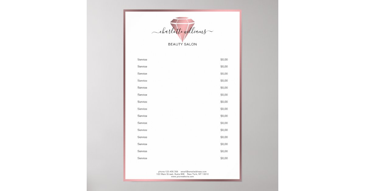 Modern Rosegold Diamond Price List Poster | Zazzle