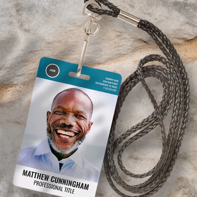 Modern Round Logo Employee Photo Name Barcode Badge | Zazzle