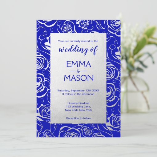 Modern Royal Blue and Silver Floral Invitation | Zazzle