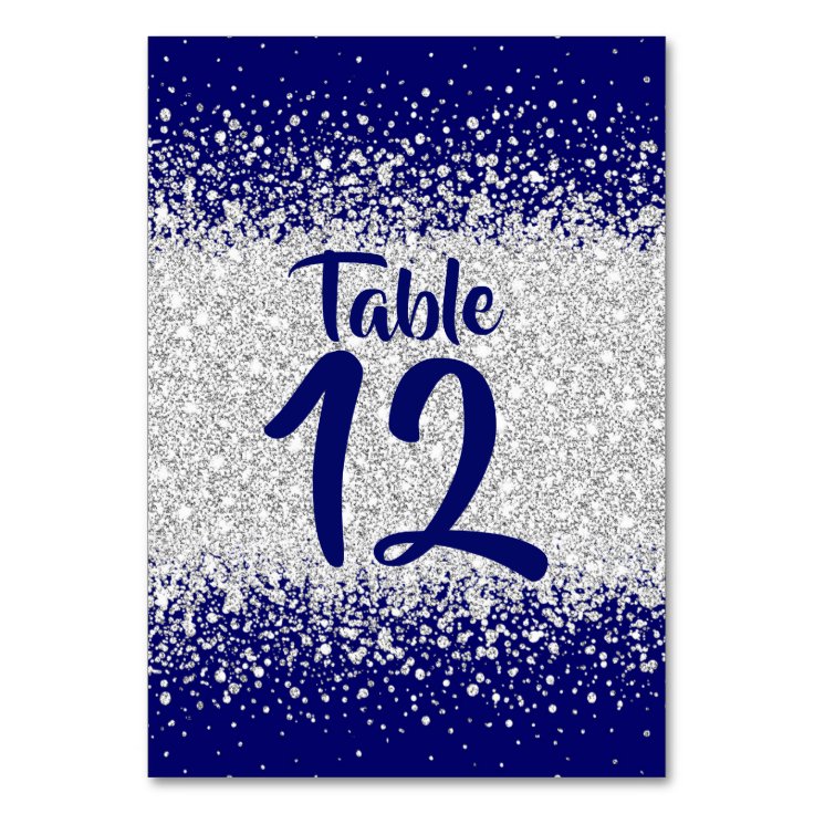 Modern Royal Blue and Silver Glitter Table Number | Zazzle