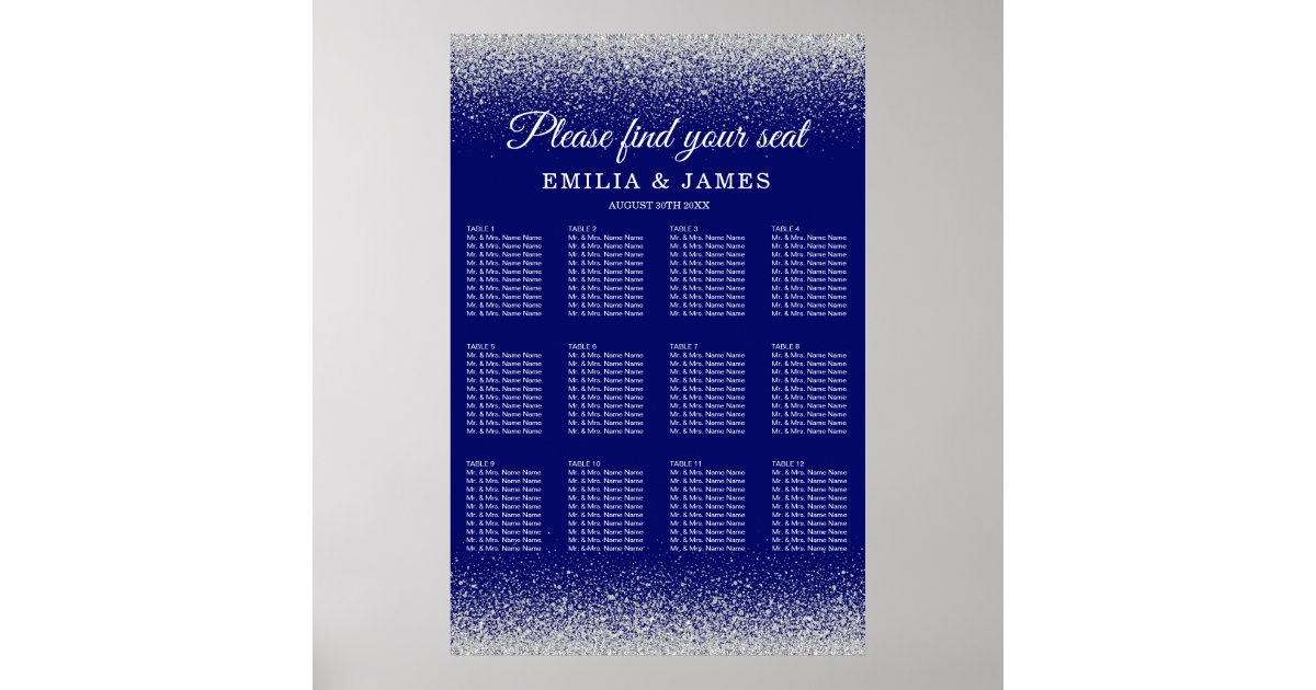Modern Royal Blue Silver Glitter Wedding Poster | Zazzle