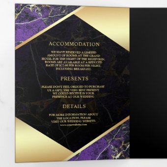 Modern Royal Purple Gold Marble Ampersand Wedding Tri-Fold Invitation ...