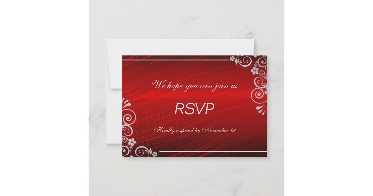 Modern Ruby Red Silver Gray Floral Wedding RSVP | Zazzle