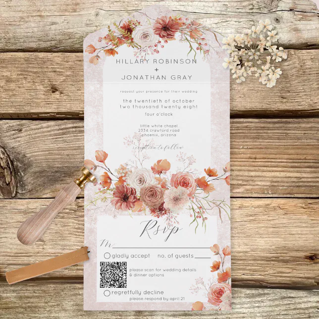 Modern Rust Boho & Neutrals Floral QR Code All In One Invitation | Zazzle