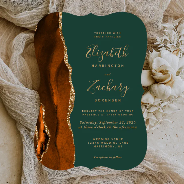 Modern Rust Gold Agate Dark Green Bracket Wedding Invitation | Zazzle
