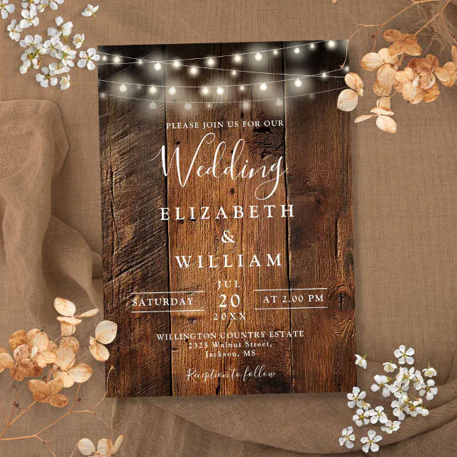 Modern Rustic Barn Wood String Lights Wedding Invitation | Zazzle
