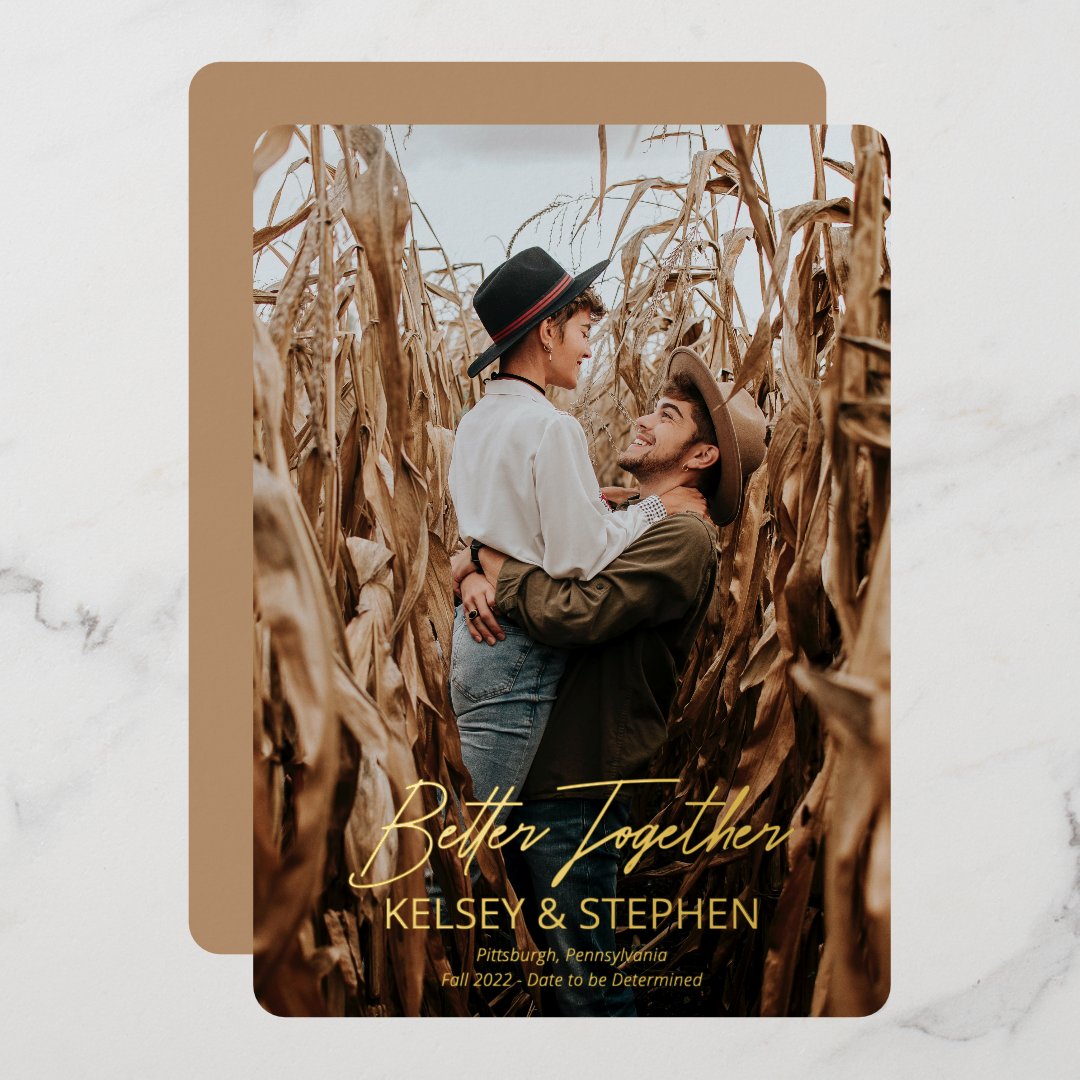 Modern Rustic Better Together Photo Engagement Foil Invitation | Zazzle