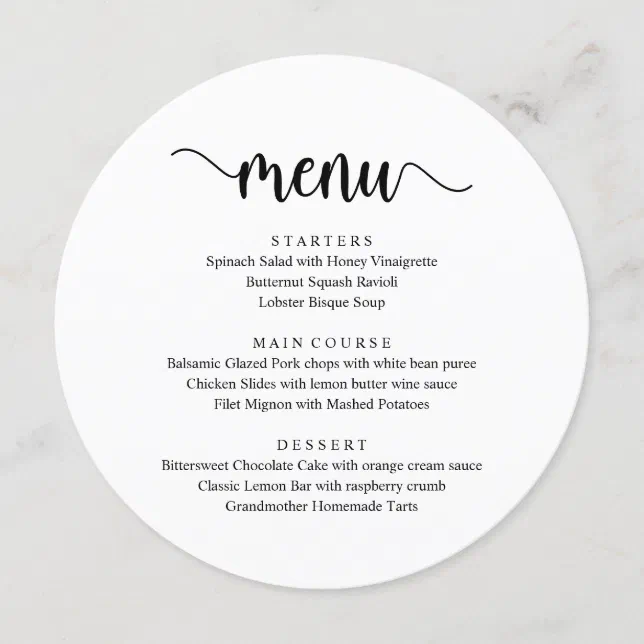 Modern Rustic Black Script, Wedding Dinner Menu | Zazzle