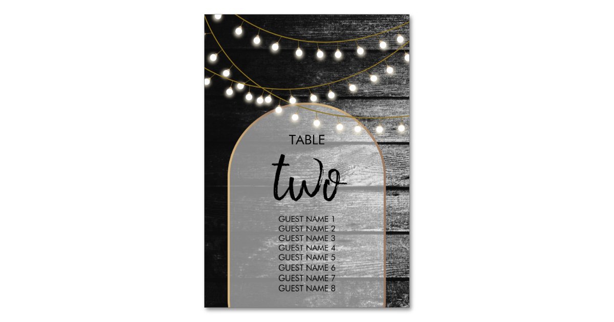 Modern Rustic Black Wood Gold Lights Arch Wedding Table Number | Zazzle