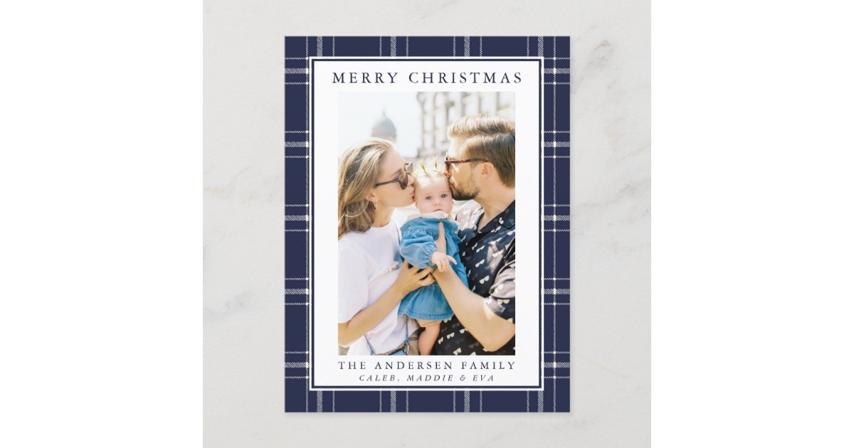 Modern Rustic Blue Plaid Photo Christmas Card | Zazzle