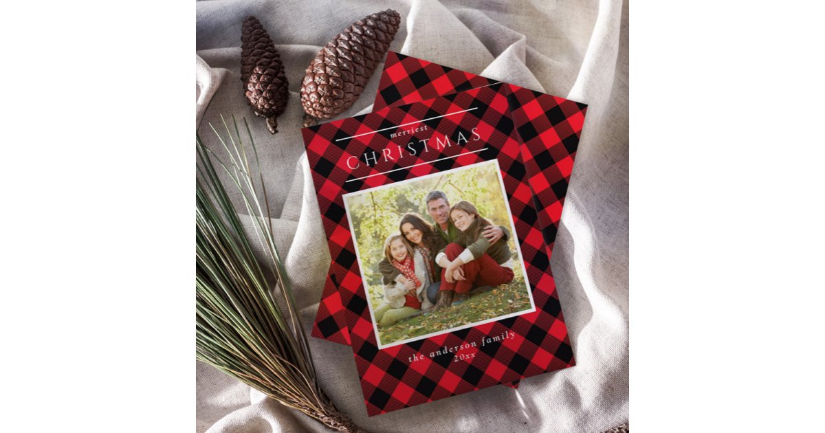 Modern Rustic Buffalo Check Family Photo Holiday | Zazzle