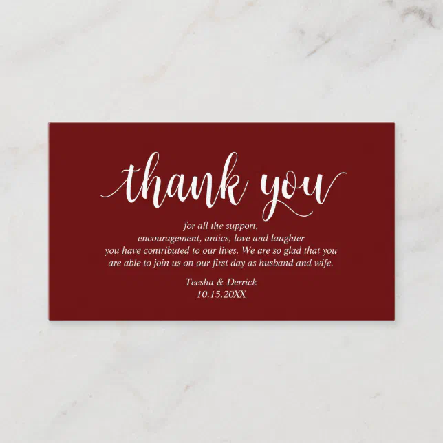 Modern Rustic Burgundy Script, Wedding Thank you Enclosure Card | Zazzle