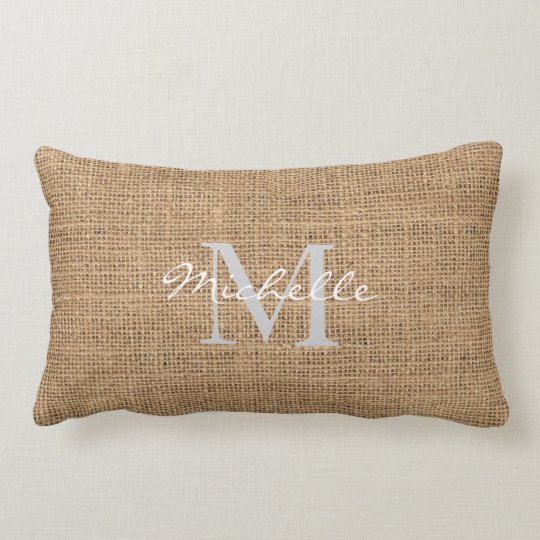 Modern rustic burlap personal monogram name lumbar pillow | Zazzle.com