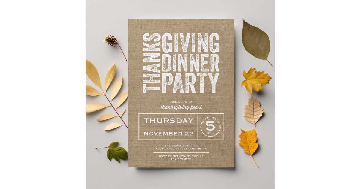 Modern Rustic Burlap Thanksgiving Dinner Party Invitation | Zazzle