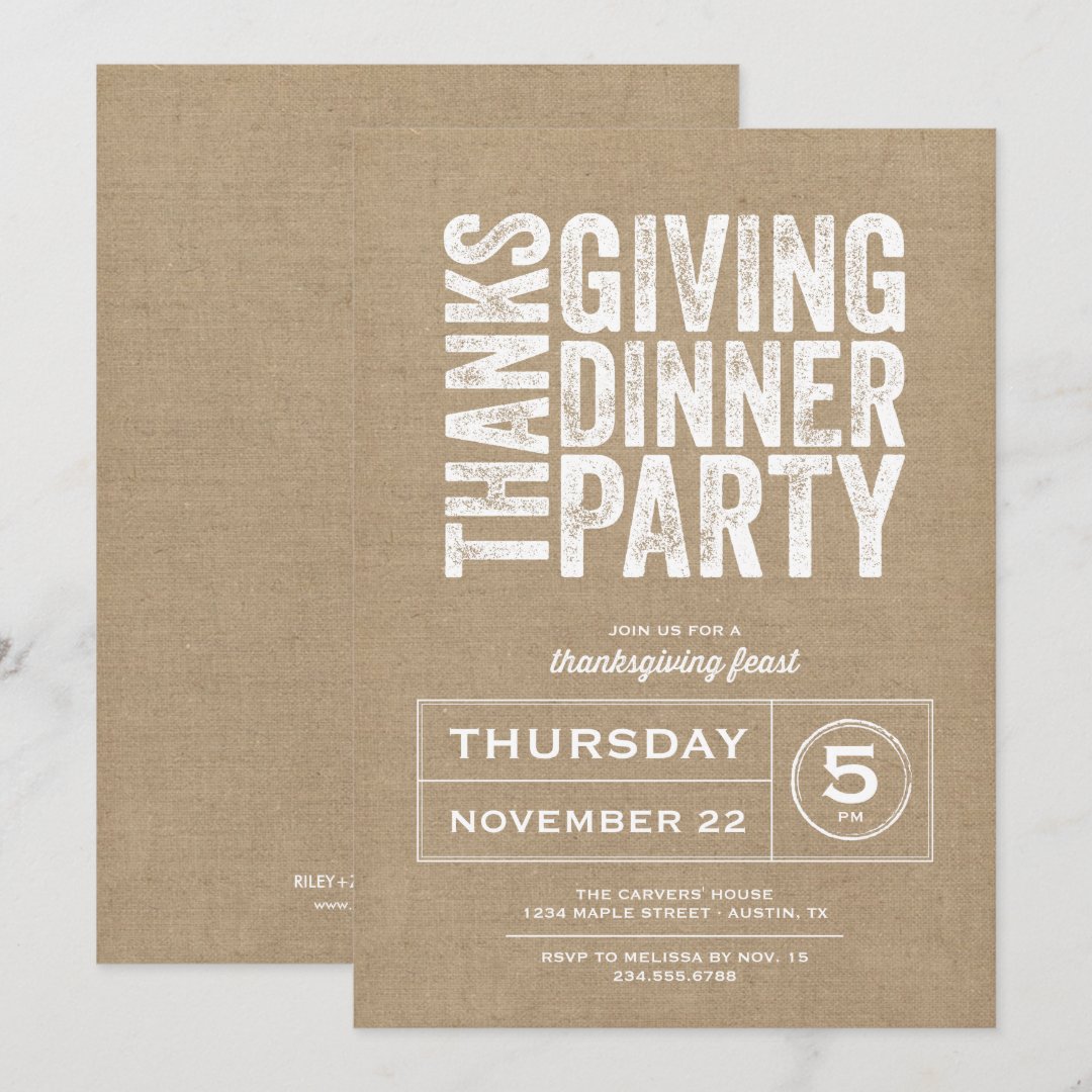 Modern Rustic Burlap Thanksgiving Dinner Party Invitation | Zazzle