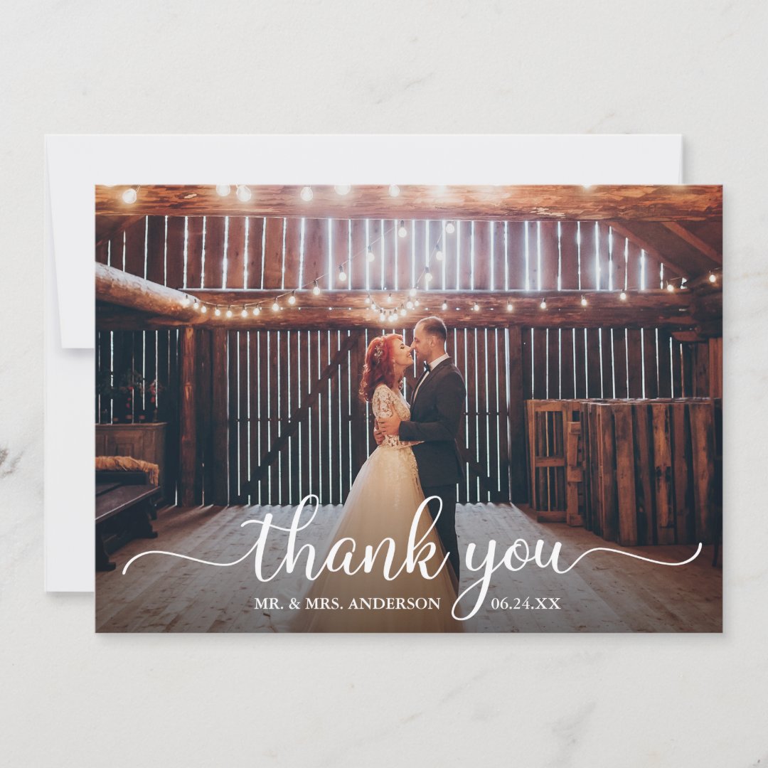 Modern Rustic Calligraphy Script Photo Wedding Thank You Card | Zazzle