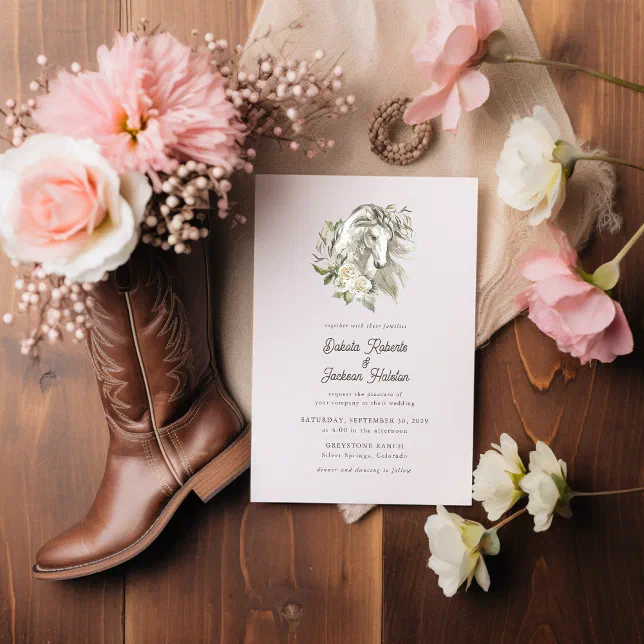 Modern Rustic Country Horse Floral Wedding Invitation | Zazzle