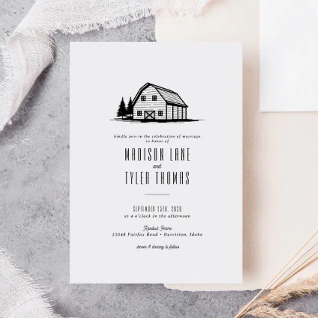 Modern Rustic Country White Barn Wedding Invitation | Zazzle