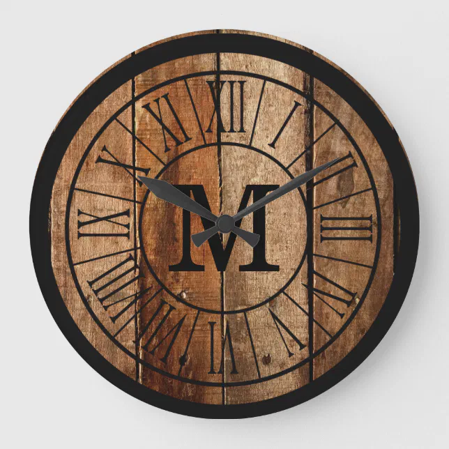 Modern Rustic Farmhouse Family Monogram Barnwood Large Clock | Zazzle