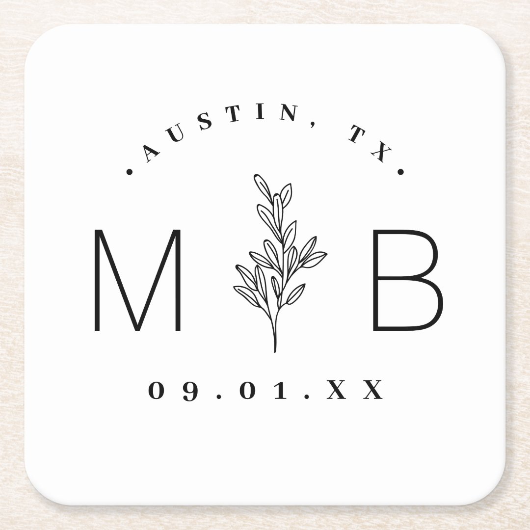 Modern Rustic Floral Stem Wedding Monogram Square Paper Coaster | Zazzle