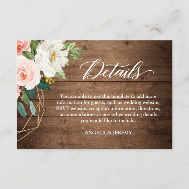 Modern Rustic Floral Wedding Reception Details Enclosure Card | Zazzle