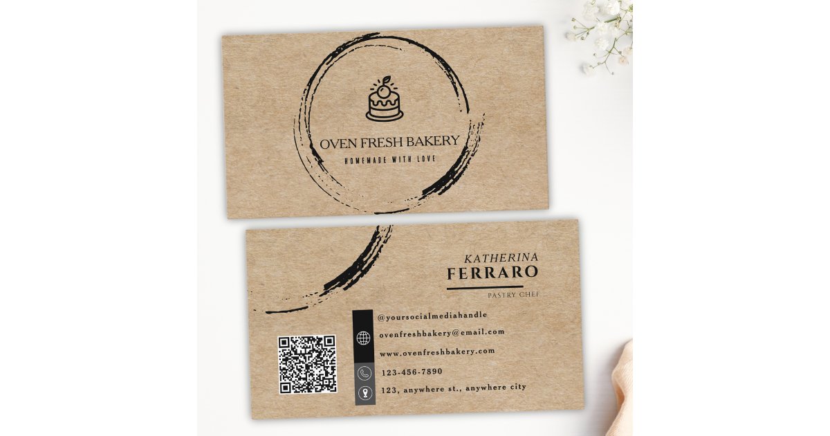 Modern Rustic Kraft Brown Cake QR Code Bakery Business Card | Zazzle