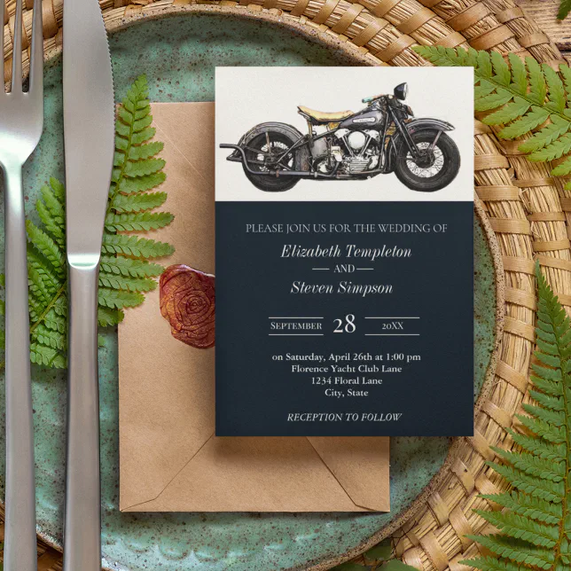 Modern Rustic Motorcycle Navy Vintage Wedding Invitation | Zazzle