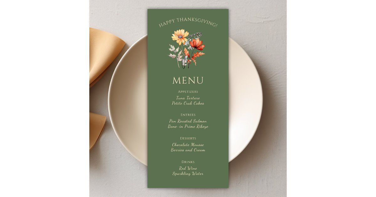 Modern Rustic Olive Green Thanksgiving Dinner Menu | Zazzle