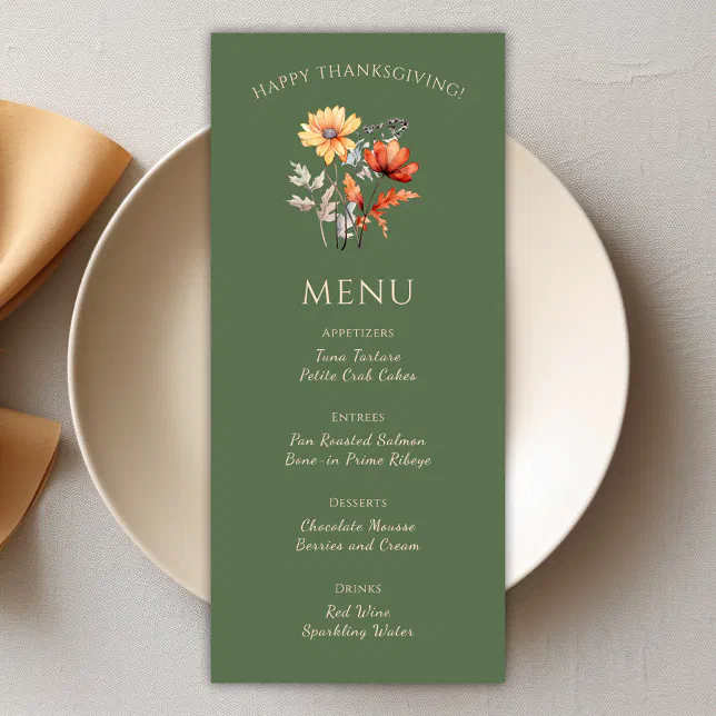 Modern Rustic Olive Green Thanksgiving Dinner Menu | Zazzle