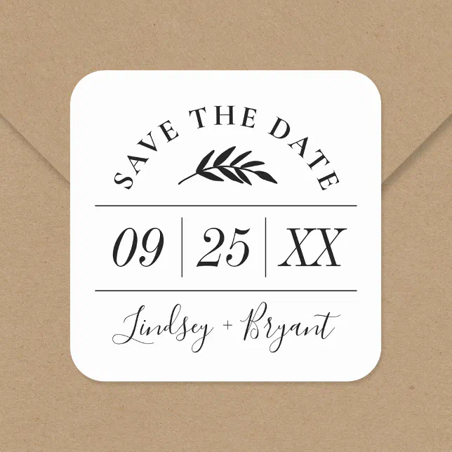 Modern Rustic Personalized Save the Date Square Sticker | Zazzle