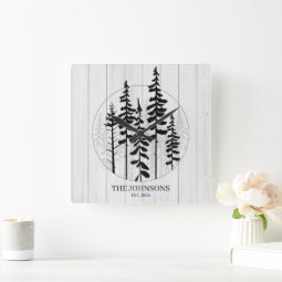 Modern Rustic Pine Tree Farmhouse Square Wall Clock | Zazzle
