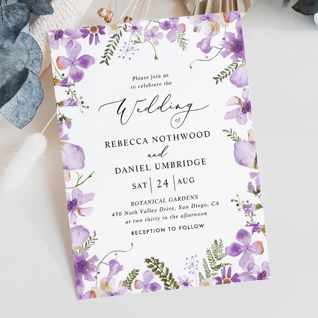 Modern Rustic Purple Flowers Wedding Invitation | Zazzle